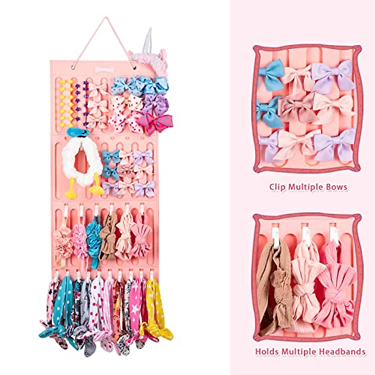 BABEYER Bows Holder Headbands Organizer for Baby Girls, Hair Bow Holder Organizer with Hooks for Baby Girls Room Decor, Pink
