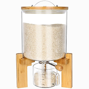 5L Glass Rice Dispenser Large Flour and Cereal Container Rice Storage Container with Airtight Lid,Wooden Stand&Measuring Cup,Clear Kitchen Food Jars Glass Food Storage Container for Organization