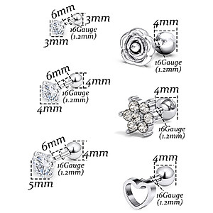 Vsnnsns 16G Cartilage Earrings Tragus Earrings for Women Silver Stainless Steel Forward Helix Earrings Stud Lip Rings Labret Monroe Medusa Barbells Studs Body Piercing Jewelry for Women Men