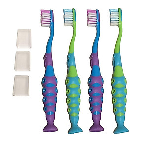 4-Pack of Kids Childrens Toddler Child Sized Brush Heads (3-8 Year Old) Boys Blue Purple Green Extra Soft Bristle Easy Grip BPA Free Toothbrush Set w/ Suction Base w/ Travel Dust Covers