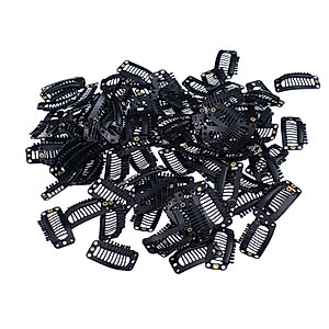 SWACC 100 Pcs U Shape Metailic Snap Clips ins for Hair Extension Hairpiece DIY Snap-Comb Wig Clips with Rubber (Black, 9-Teeth 6 Holes)