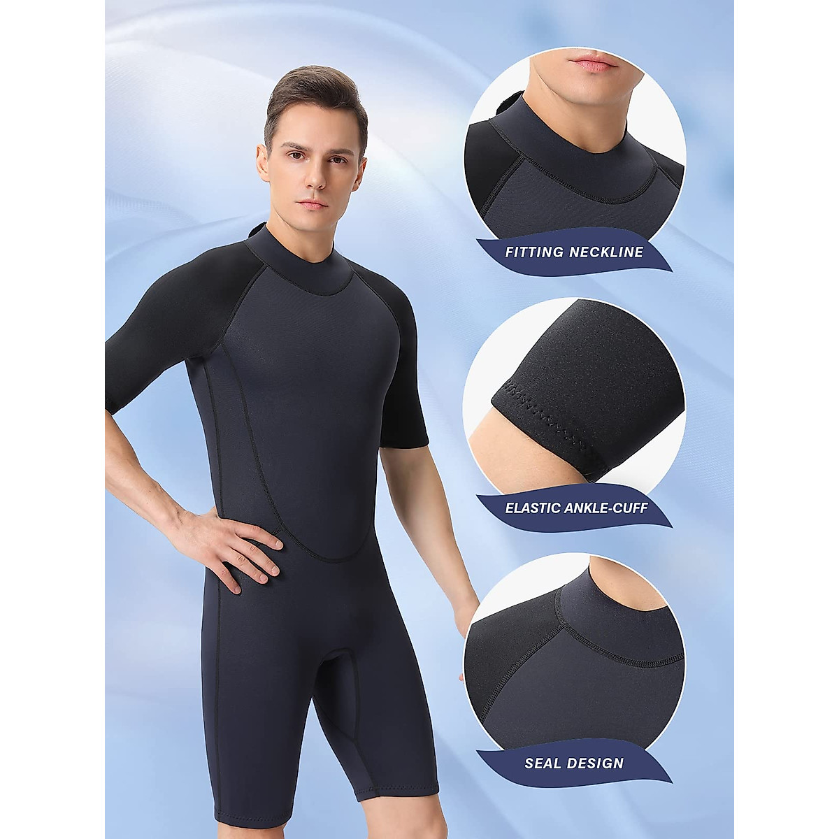 Shorty Wetsuit Men,2mm Neoprene Short Sleeves Wet Suits Back Zip, 1.5mm Shorty Surf Suit Keep Warm in Cold Water for Snorkeling Kayaking Boarding(Dark Blue 2mm,XX-Large)