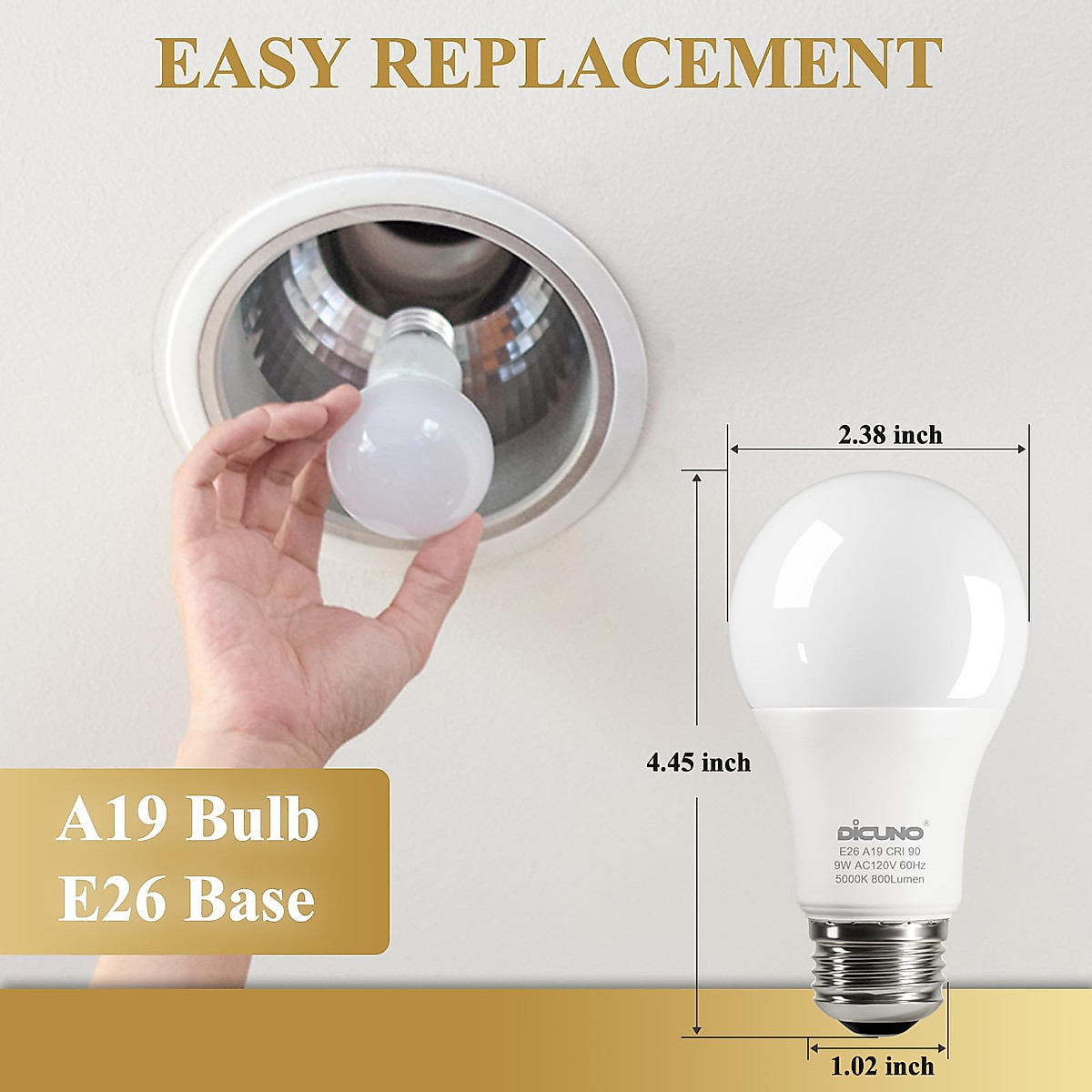 DiCUNO A19 LED Light Bulbs 60W Equivalent, Daylight White 5000K, High CRI 90, E26 Medium Base 9W 800 Lumens 120V, Non-dimmable, Frosted, 6 Pack