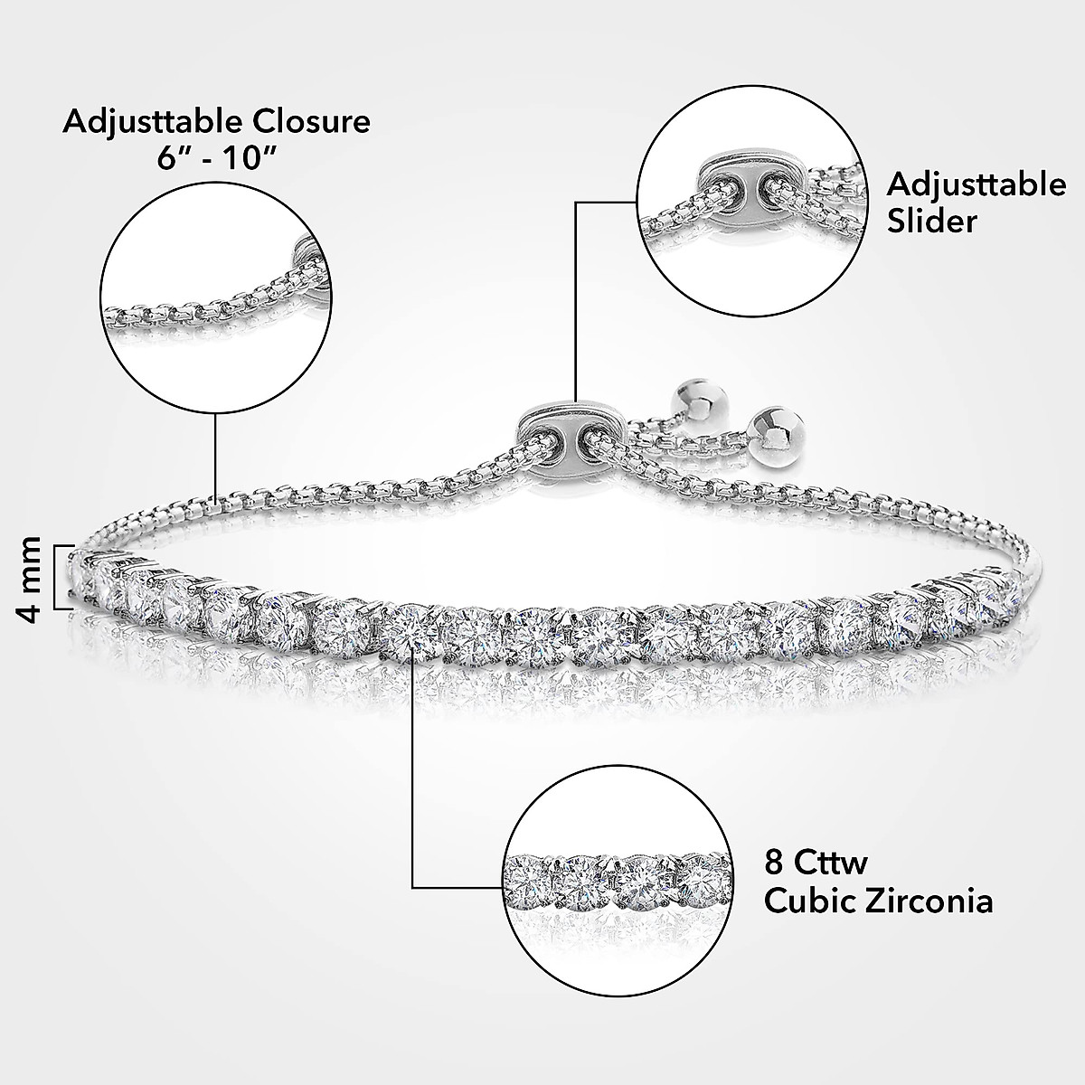Devin Rose 8 Cttw Cubic Zirconia Adjustable Bolo Bracelet for Women in Rhodium Plated Brass 4mm White