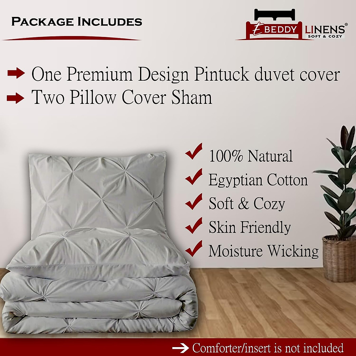 eBeddy Linens Premium Pinch Pleated Duvet Cover Set 800-TC King/Cal-King Size 104x90 Inch Pure Egyptian Cotton Soft 3 Pieces Set Zipper Closure & Corner Ties, Pintuck Silver Grey
