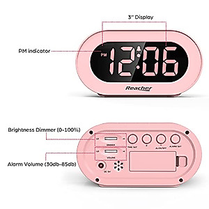 REACHER Pink Girls Alarm Clock for Kids Bedroom, Dimmable LED Digital Display, Outlet Powered, Adjustable Volume, Simple to Use, Snooze, Small Size for Bedside, Desk, Toddler