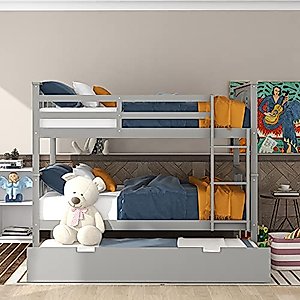LCH Bunk Bed,Full Over Full Size Bunk Bed with Twin Size Trundle and Ladder for Bedroom,Guest Room and Dorm,Mutifunctional Bunk Bed for Kids,Adults,Teens,No Box Spring Needed,Gray