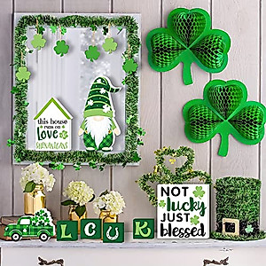 St Patricks Day Tiered Tray Decorations Set - St Patricks Day Shamrock Wooden Signs with Green String Lights for Spring Irish Saint Patricks Day Home Table Decorations