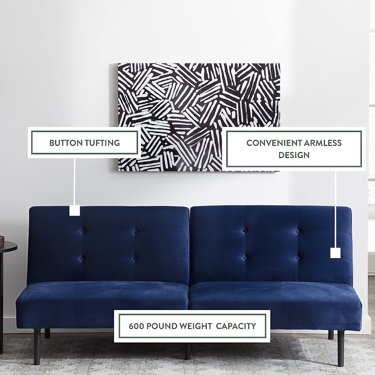 Edenbrook Gilman Futon - Futon Sofa Bed - Futon Couch - Small Futon - Living Room Furniture - Armless Sofa Bed Couch - Sleeper Sofa - Navy Blue Velvet Futon, Deluxe