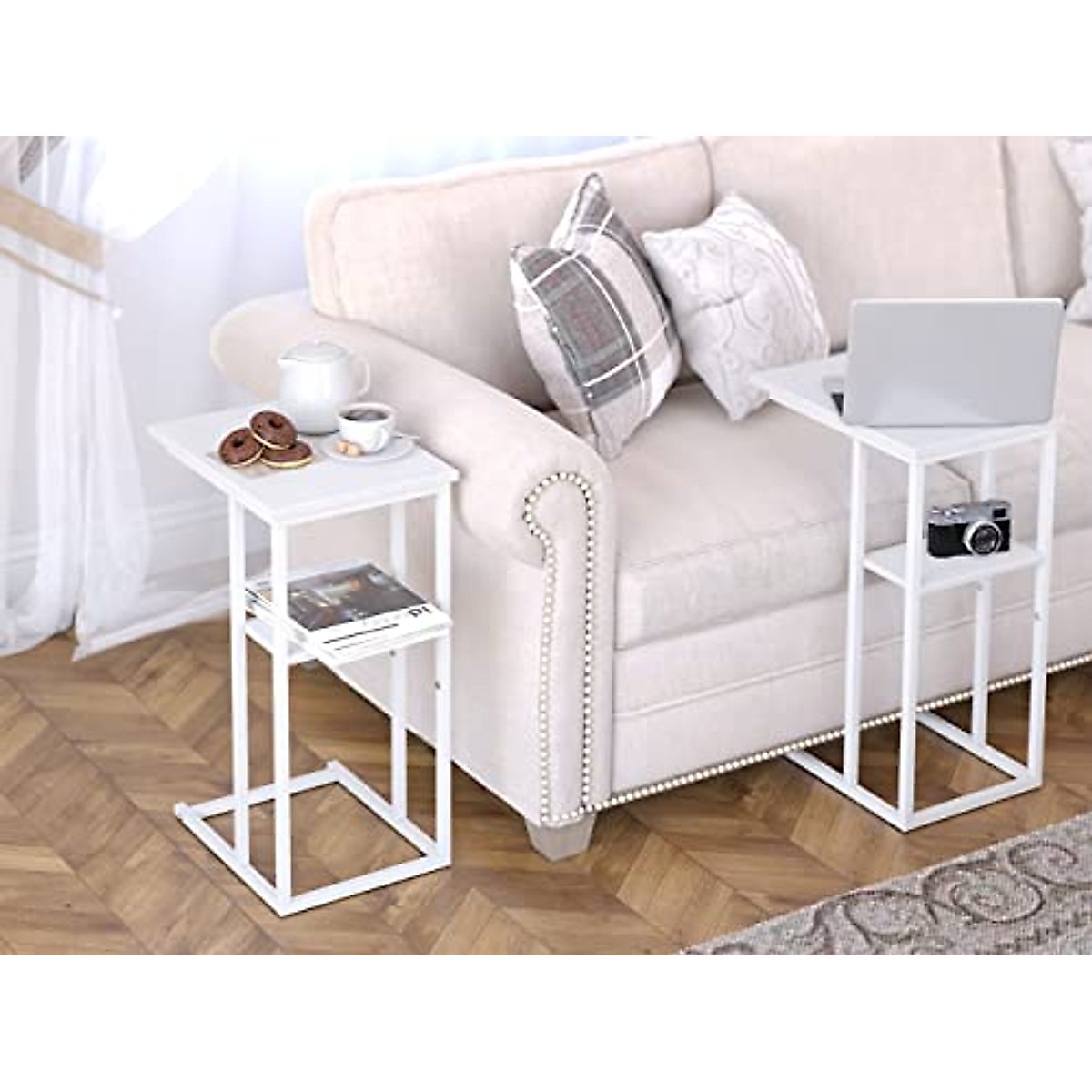 Yusong C Shaped End Table, Small Side Tables Slide Under Sofa Couch Bed, Small TV Tray Bedside Table for Small Spaces, Living Room, Bedroom, White