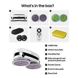SAMSUNG Jetbot Mop, Cordless Robot Floor Cleaner, Wet Cleaning w/ Dual Spinning Pads, Smart Sensor to Clean Tile, Vinyl, Laminate, Hardwood Floors, Long Battery Life, VR20T6001MW, White