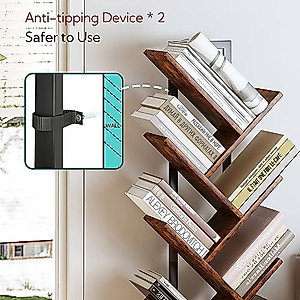 Yusong Tree Bookshelf, Geometric Bookcase with Steel Pipe for Living Room Bedroom, Floor Standing Shelves for Home Office (Rustic Brown, 9 Tier)