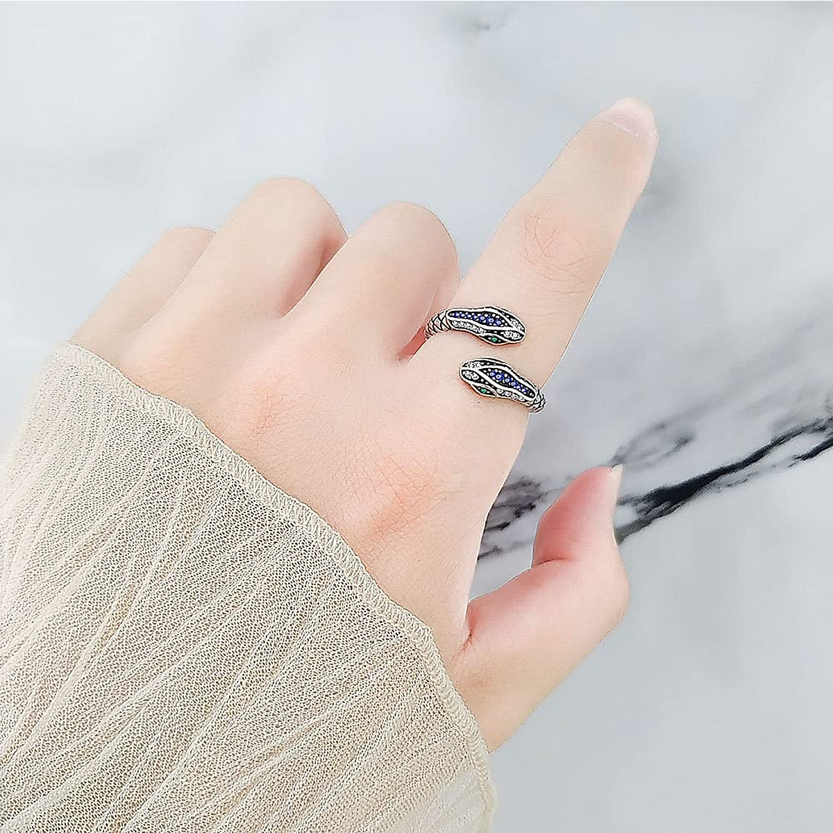 Simpleasure Pack 2 Gothic Unique Cubic Zirconia Snake Geometric Band Rings Set Fashion Knuckle Stackable Silver Ring for Women Girls Teen Finger Ring Adjustable Open Size