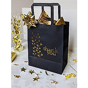 Thank You Bags Bulk with Flat Handles Pack of 50, Black Kraft Paper Bags with Gold Foil Stamp Image Medium Size 10x 4.75 x 8 Inches