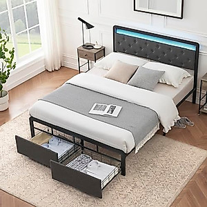 Queen Size Bed Frame with 2 Storage Drawers, Button Tufted Headboard and LED Lights, Upholstered Platform Bed with Storage, Heavy Duty Metal Slats, No Box Spring Needed, Noise Free, Easy Assembly