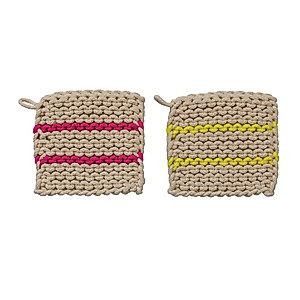 Creative Co-Op Square Cotton Crocheted Neon Stripes, Set of 2 Styles, Multicolor Pot Holder, Multi