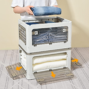 NEALYSEA 32Qt Plastic Storage Bins with Lid, Collapsible Storage Bins with Wheels, Storage Boxes with 4 Doors, Stackable Storage Bins for Organizing Clothes, Snacks and Camping, 2-Pack (Grey)