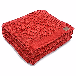 Earthloop Large Knit Throw Blanket | 100% Organic Cotton – GOTS Certified | Couch and Bed Throw Blankets | Knitted Throws | Adult Cable Knit (60 x 80 in, Red)