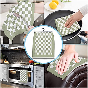 Edwiinsa Sage Green Plaid Kitchen Dish Towels and Dishcloths Sets, Country French Rustic Buffalo Check 18 X 28 Inches Absorbent Hand Towels Dish Rags with Hanging Loop for Home Cleaning (2 Pack)