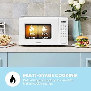 COMFEE CMO-C20M1WH Retro Microwave with 11 power levels, Fast Multi-stage Cooking, Turntable Reset Function Kitchen Timer, Speedy Cooking， Weight/Time Defrost, Memory function, Children Lock, 700W