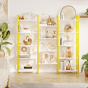 Breezestival 5 Shelf Bookcase, Corner Bookshelf Industrial Bookshelves, Wide Book Shelf with Metal Frame Open Storage Corner Cabinet for Living Room Home Office, Display Storage Rack, Golden