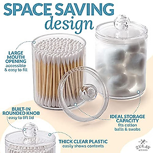 Zulay Home 2 Pack Qtip Holder Bathroom Canisters - 20oz Cotton Ball Holder - Clear Cotton Swab Holder & Qtip Dispenser - Plastic Storage Bathroom Jars with Lids Set for Cotton, Pads, Swabs, Makeup