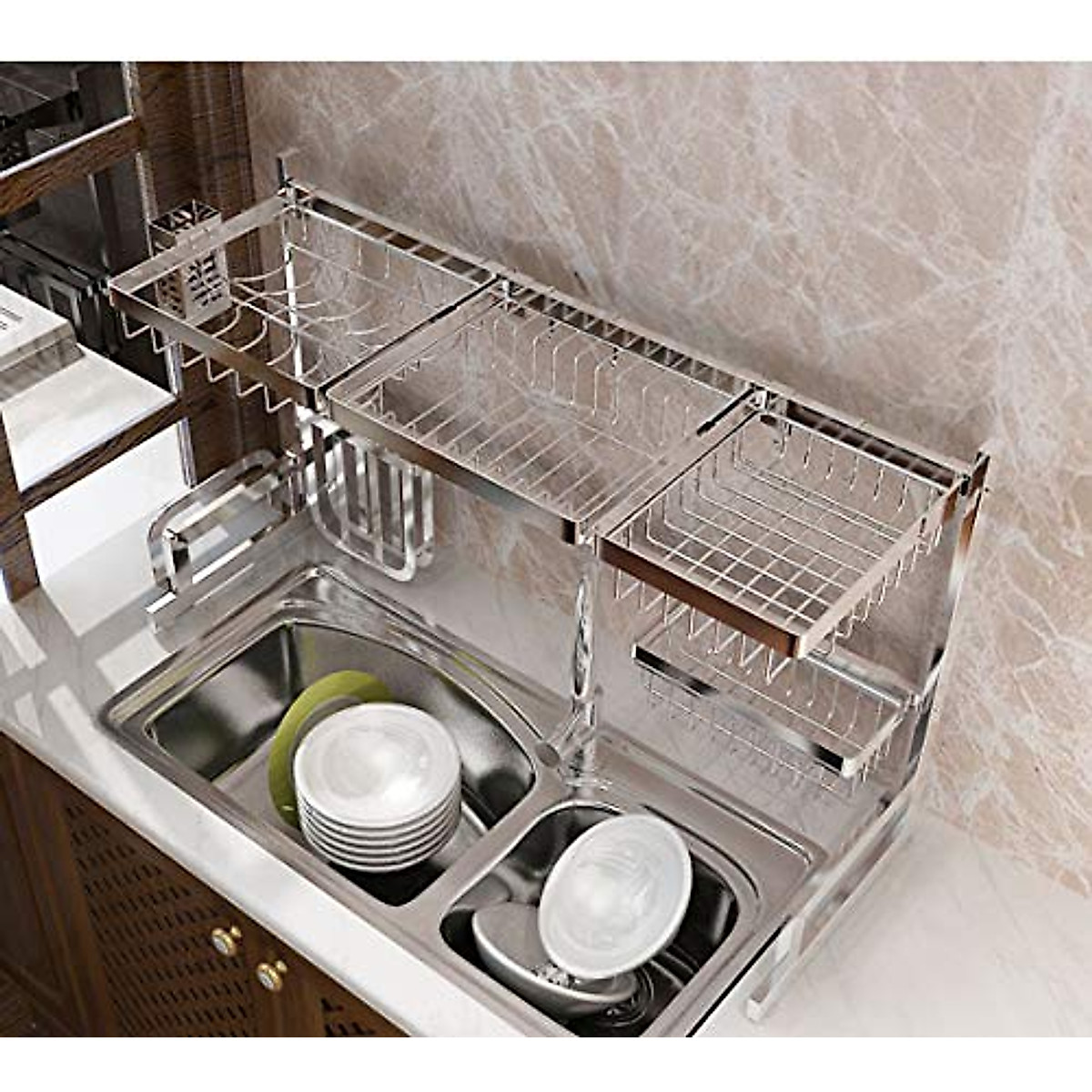 Stainless Steel Dish Drying Rack Over Kitchen Sink, Dishes and Utensils Draining Shelf, Kitchen Storage Countertop Organizer, Utensils Holder, Kitchen Space Saver (For Sink ≤ 36.5 inch)