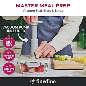 FineDine Vacuum Seal Glass Food Storage Containers With Hand Pump, 25 Piece Set, Airtight Pantry Kitchen Storage Containers w/Lids, Meal Prep Containers for Lunch, Leftovers