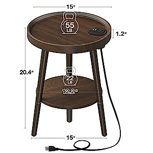 GREENSTELL End Table with Charging Station, Round Side Table with Storage Shelf, USB Ports and Anti-drop Fence, 2-Tier Small Nightstand Sofa Table for Living Room, Bedroom Brown 15.0*15.0*20.4inches