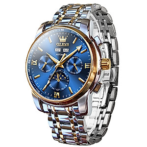 OLEVS Automatic Men Watches Mechanical Self Winding Luxury Dress Moon Phase Dial Blue Face White Stainless Steel Waterproof Luminous Men Wrist Watch