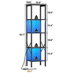 Furologee 5 Tier Book Shelf with LED Light, Tall Display Bookcase with Back, Narrow Industrial Standing Shelving Units, Metal and Wooden Storage Rack for Bedroom, Living Room, Office, Black Oak