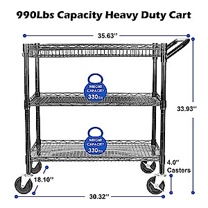 WDT 990Lbs Capacity Heavy Duty Rolling Utility Cart, NSF Rolling Carts with Wheels,Commercial Grade Metal Cart with Handle Bar & Shelf Liner,Trolley Serving Cart for Restaurant,Kitchen,Black