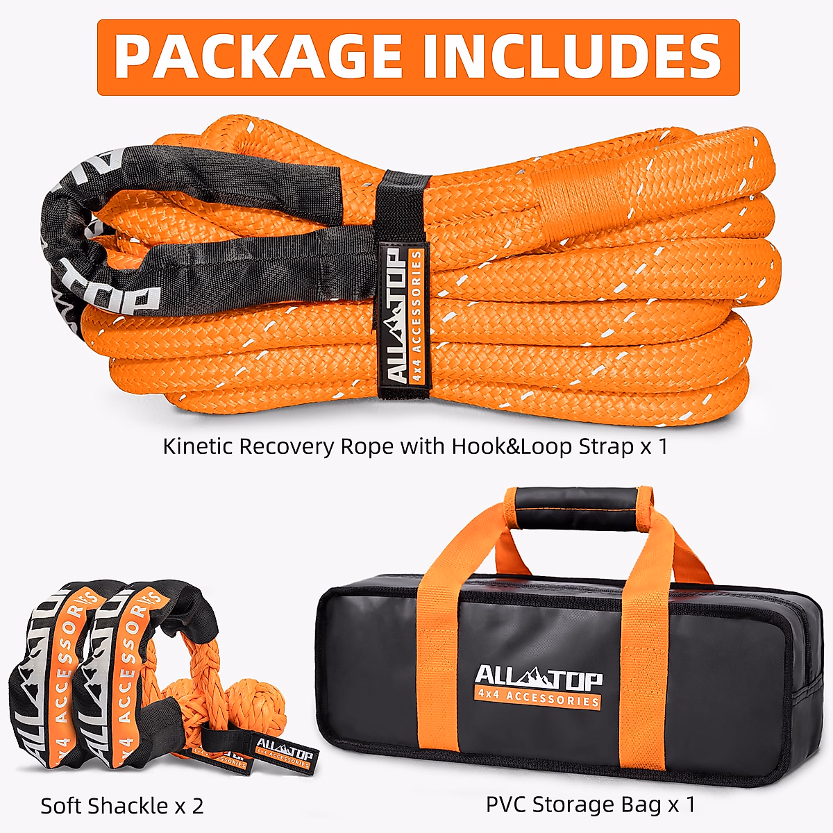 ALL-TOP Kinetic Rope Kit (Reflective) w/ 2 Soft Shackles, 48000Lbs, 1in x 30ft, Heavy Duty 30+% Elasticity, 16000Lbs Work Load Limit