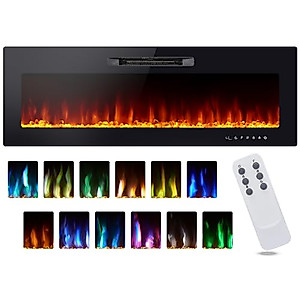 BETELNUT 50" Electric Fireplace Wall Mounted and Recessed w/144 Combination Colors & 5 Brightness,750/1500W Fireplace Heater w/Timer,Low Noise,Remote Control & Touch Screen,Log Set & Crystal Option