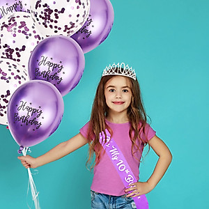 10th Birthday Decorations for Girls, Lavender Glitter Birthday sash, Silver 10th Birthday Crown, Lavender No.10 and Star Aluminum Foil Balloon, Happy Birthday Latex Balloons