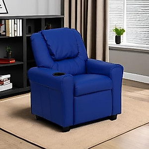 Flash Furniture Vana Vinyl Kids Recliner with Cup Holder, Headrest, and Safety Recline, Contemporary Reclining Chair for Kids, Supports up to 90 lbs., Blue