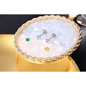 Leocuci Stainless Steel Flat Back Stud Earrings for Women Screw Back Twist Cartilage Earring Surgical Steel Colorful CZ Earrings 20g 4mm