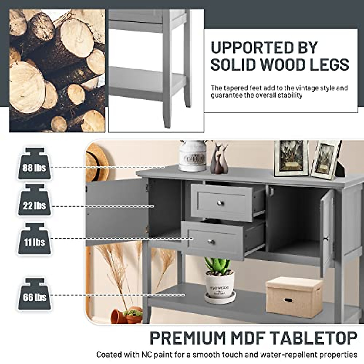 Harmony-Furniture Wooden Buffets and Sideboards, Buffet Cabinet with 2 Storage Drawers, Console Table w/Long Bottom Shelf & Pine Legs, Coffee Bar Cabinet for Kitchen, Dining Room (Grey)