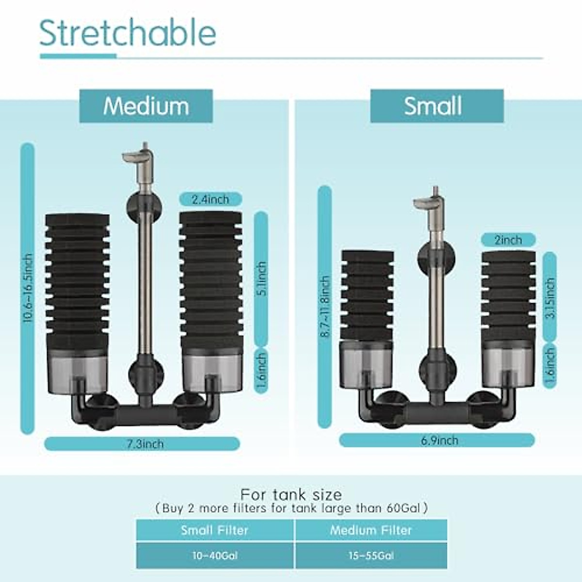 Digoos Aquarium Sponge Filter for 20-55 Gallon, with 2 Spare Sponges and 2M Spare Tube ，for Shrimp,Betta, Nano Fish Tank