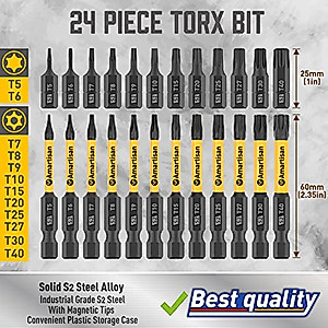 Torx Bit Set, Amartisan 24-Piece Security and Tamper Resistant Star Bits Set S2 Steel, 1" and 2.3" Long T5 - T40