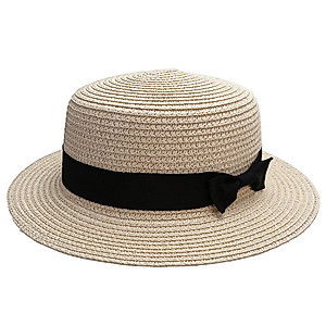 Ayliss Women Bowknot Straw Hat Summer Fedoras Boater Sun Hat,Light Khaki