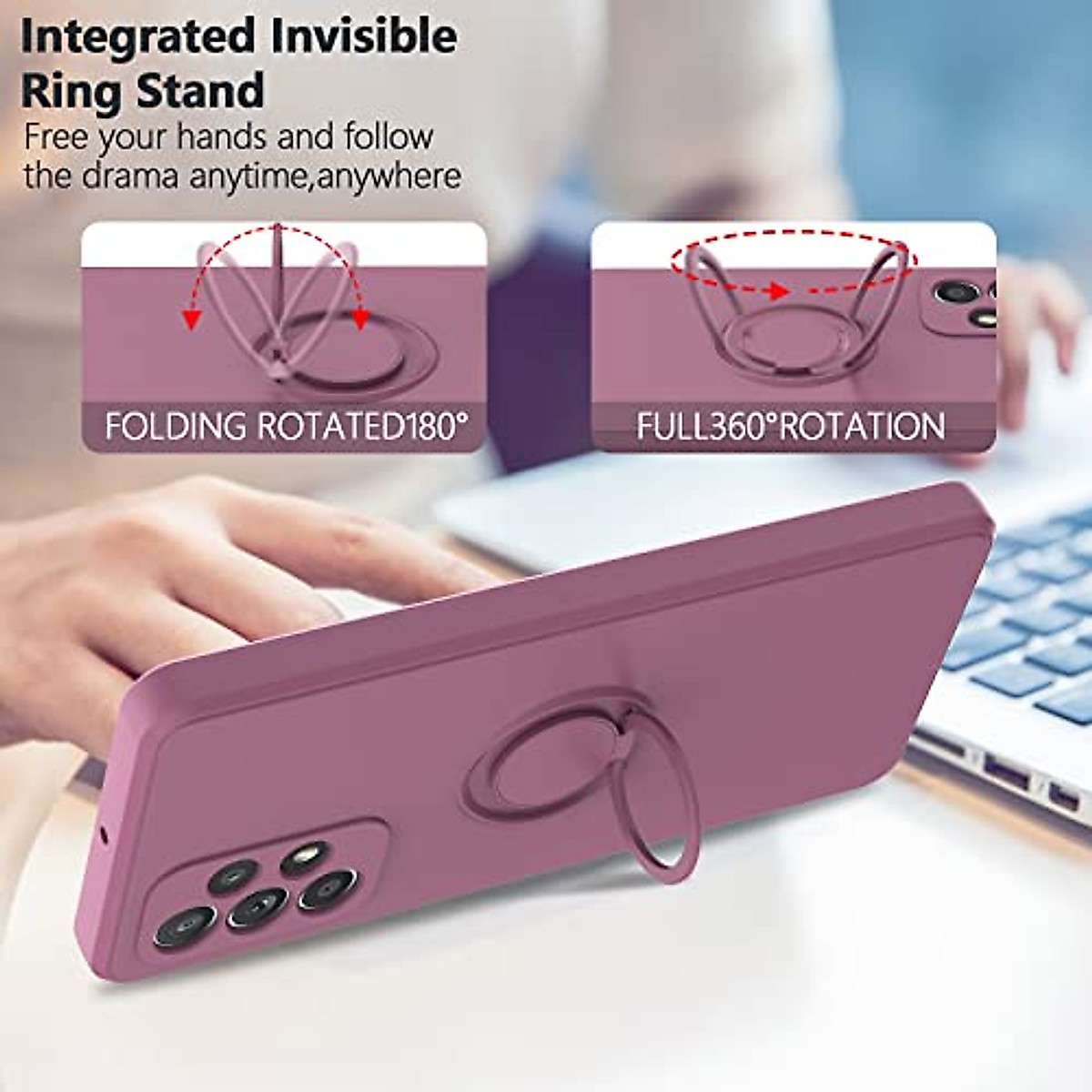 YisrLery Compatible with Samsung Galaxy A13 4G Case with Ring Kickstand and 2 Tempered Glass Screen Protector, Liquid Silicone Samsung A13 Case Microfiber Linner Anti-Scratch Shockproof Case Purple