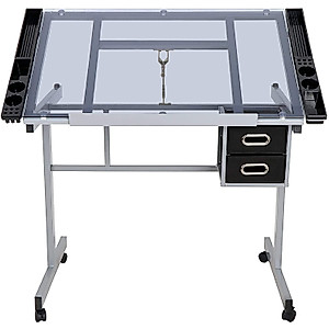 HomGarden Height Adjustable Drawing Desk Glass Top Rolling Drafting Table Art Craft Draft Station Home Office Workstation w/Drawers and Wheels