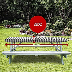 Sorfey Vinyl Picnic Table Fitted Tablecloth Cover, Checkered Design, Flannel Backed Lining, 28 x 72 Inch, Black
