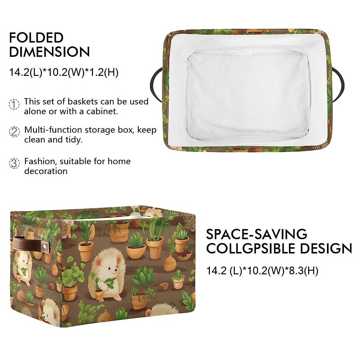 WELLDAY 1PCS Storage Basket Hedgehogs Pattern Large Foldable Storage Bin Cube Collapsible Organizer
