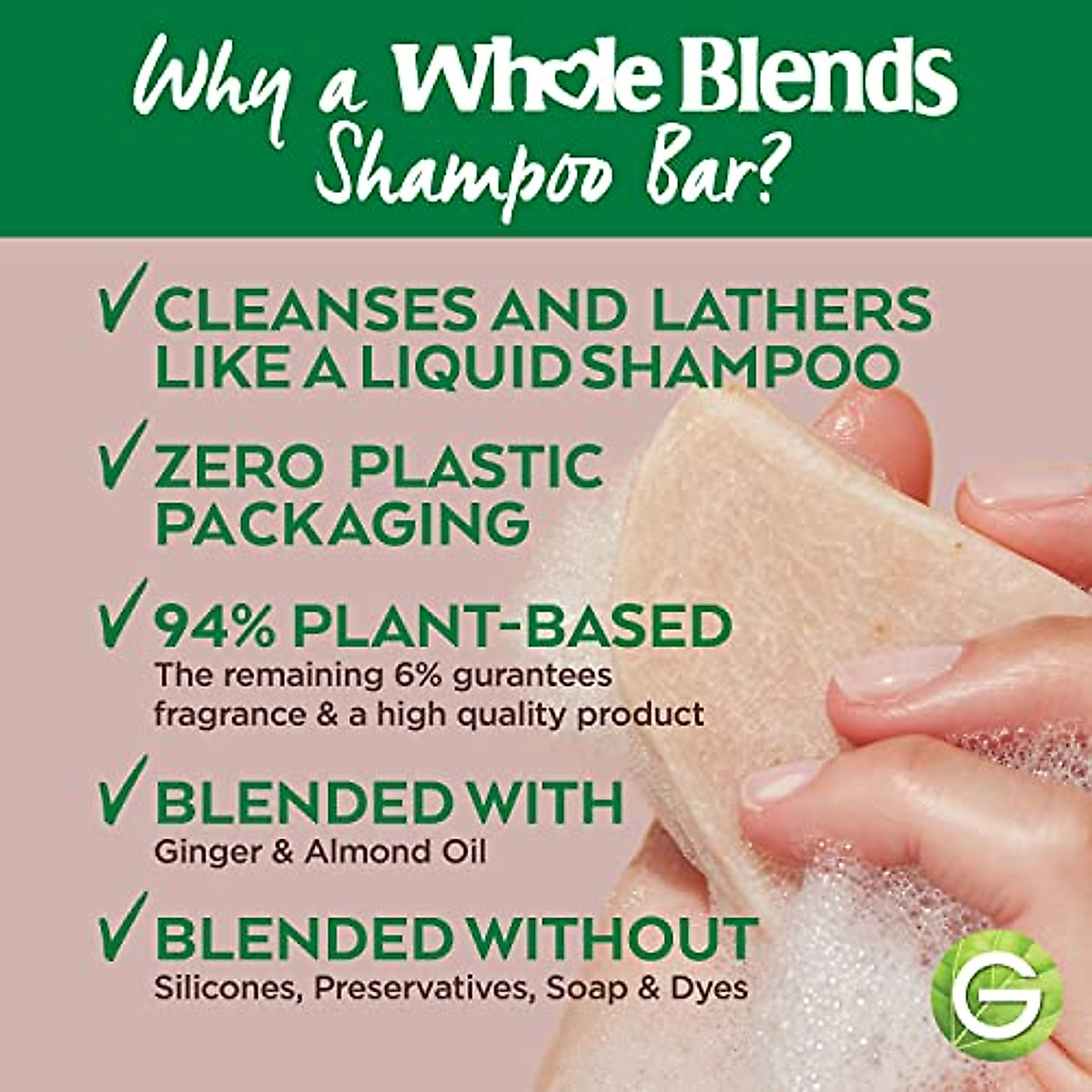 Garnier Haircare Whole Blends Ginger Recovery Strengthening Shampoo Bar for Weak Hair, Zero Plastic Packaging, Free of Preservatives, Silicones, Soap & Dye, with Ginger & Almond Oil, 2 Oz