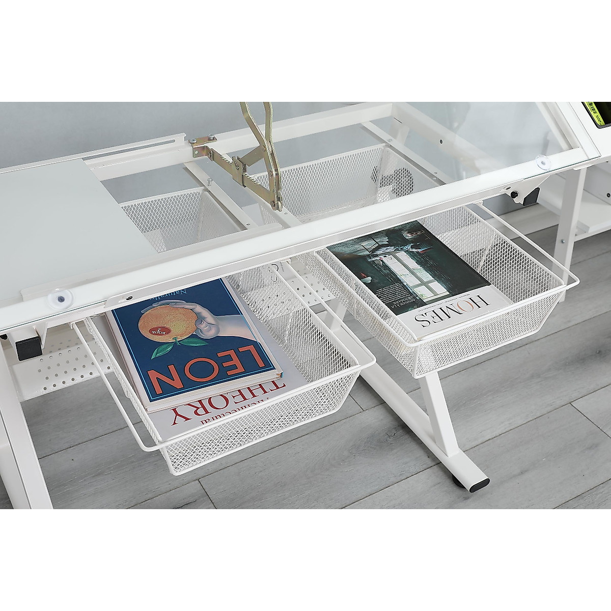 Landpink Glass Drafting Table Art Desk – Adjustable Professhional Artwork Drawing Drafting Table Desk, Glass-Topped Art Table for Craft Station Studio Home Office School w/Drawers/Chair (White)