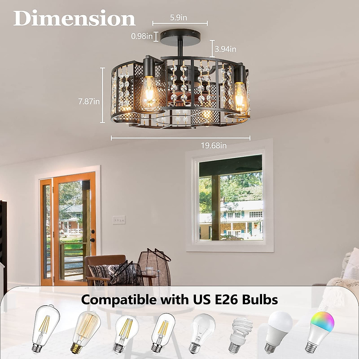 XuanDe Ceiling Fans with Lights and Remote, Vintage Caged Ceiling Fans Industrial Farmhouse Rustic Ceiling Fan Bladeless Enclosed Flush Mount for Hall, Living Room, Bedroom（Bulb x 6 Included）