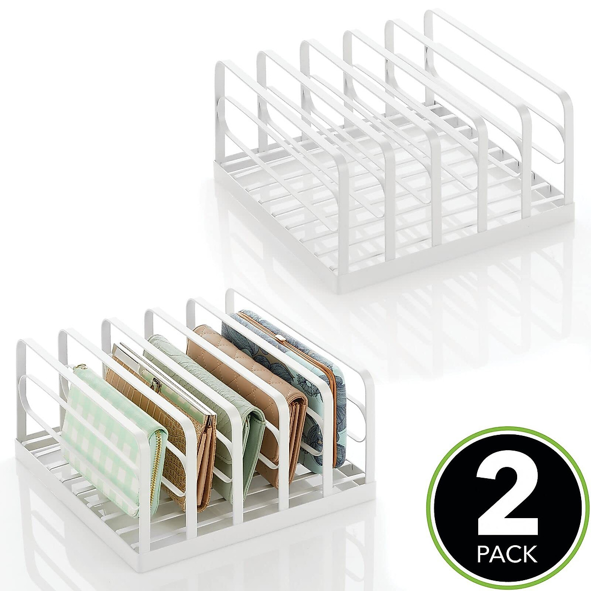 mDesign Metal Divided Stackable Purse Organizer for Closets, Bedrooms, Dressers, Shelves - Closet Shelf Storage Solution for Purses, Clutches, Wallets, Accessories - 5 Sections, 2 Pack - Matte White