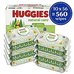 Huggies Natural Care Sensitive Baby Wipes, Unscented, Hypoallergenic, 99% Purified Water, 10 Flip-Top Packs (560 Wipes Total)